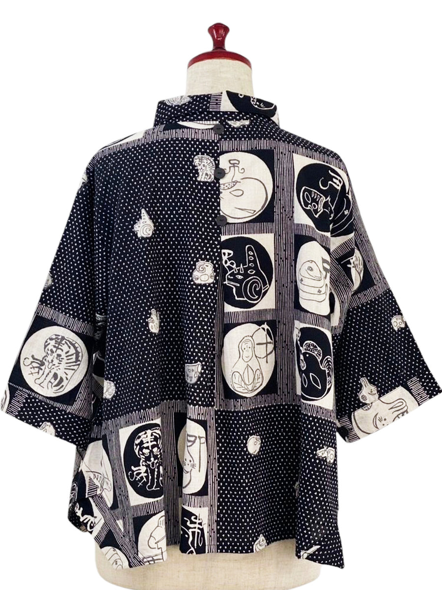 Button Accent Crop Jacket - Eto Print - Black – Tapestries Studio